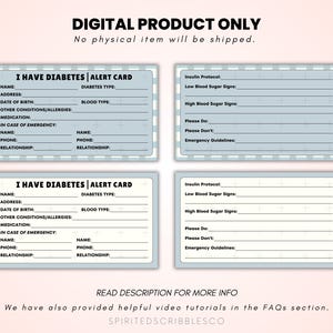 Printable Diabetes Alert Card Medical ID Ice Tag Emergency Diabetic ...