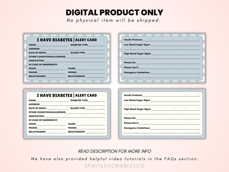 Printable Diabetes Alert Card Medical ID Ice Tag Emergency Diabetic ...