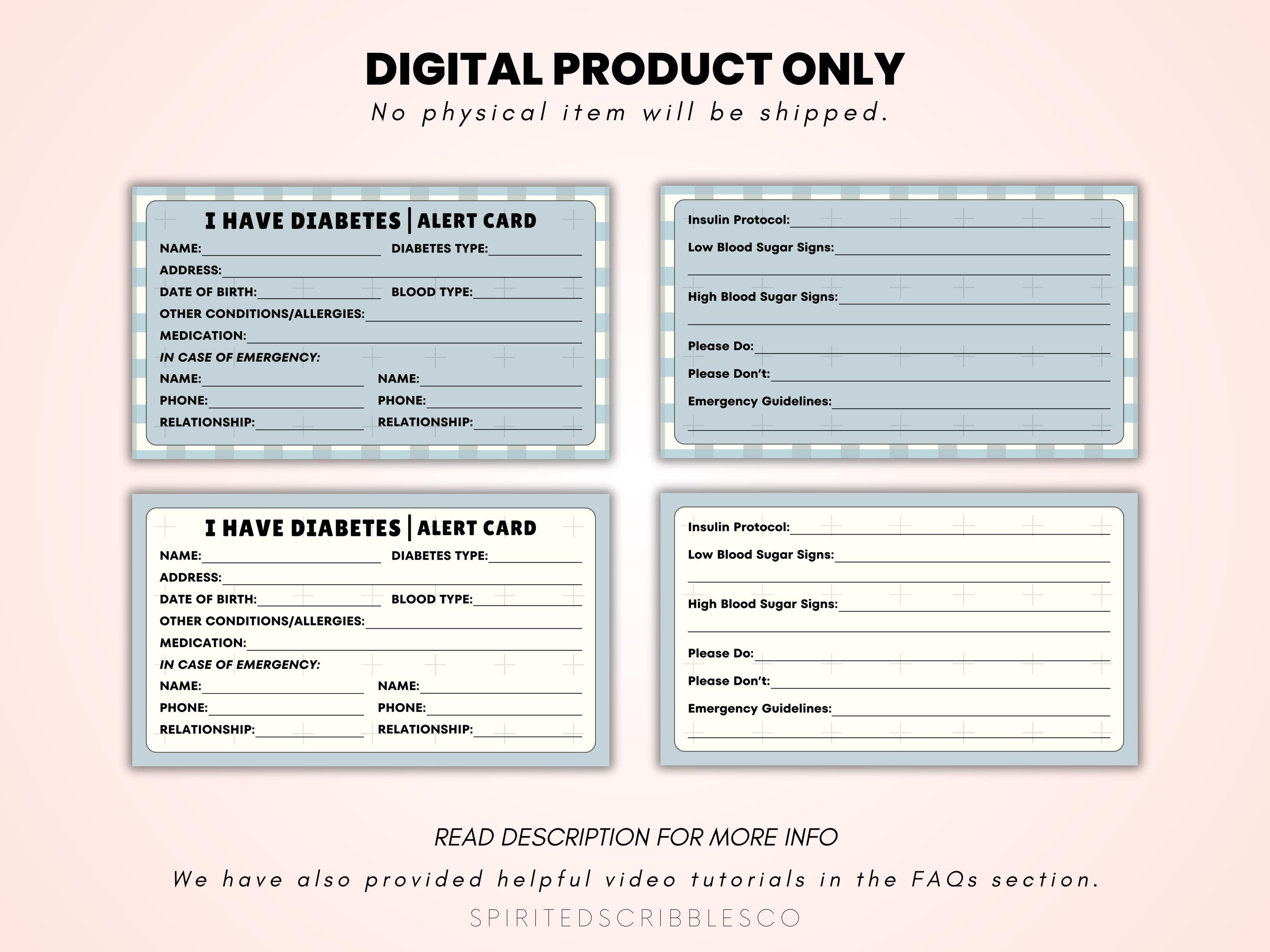 Printable Diabetes Alert Card Medical ID Ice Tag Emergency Diabetic ...