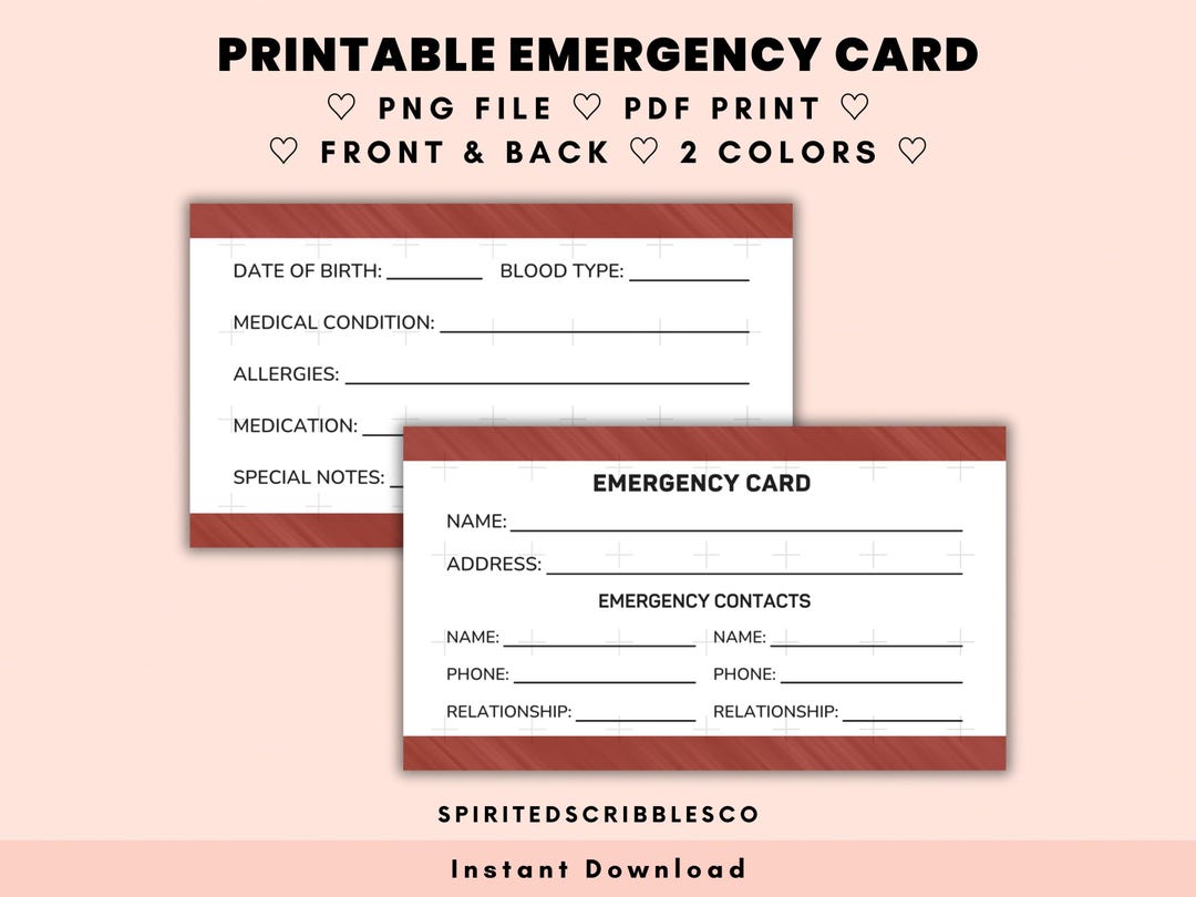 Printable Emergency Card in Case of Emergency ICE Tag Contact Card ...