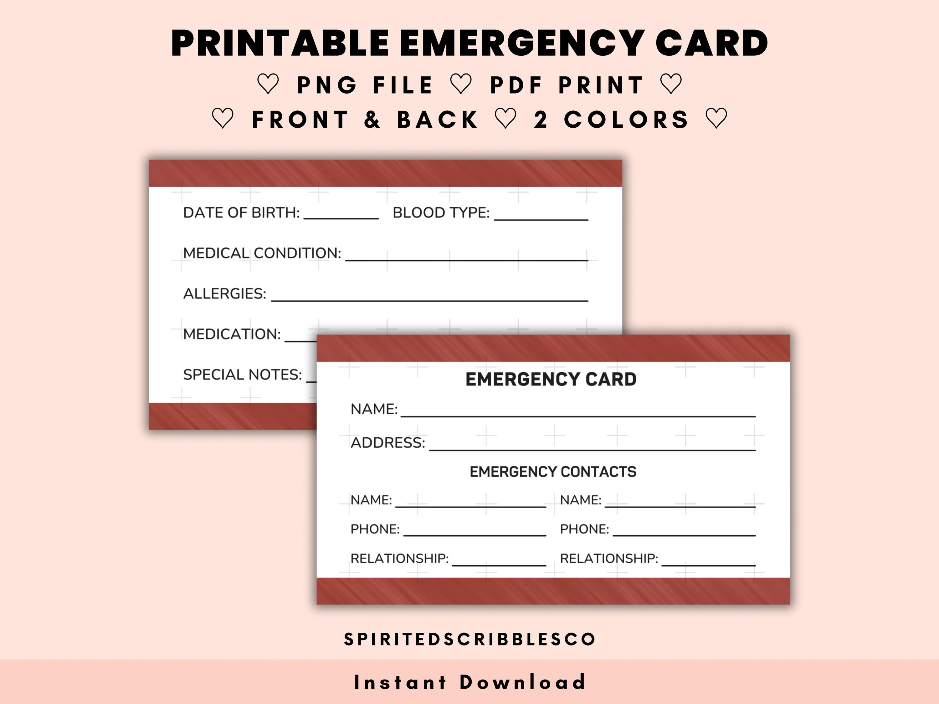 Printable Emergency Card in Case of Emergency ICE Tag Contact Card ...