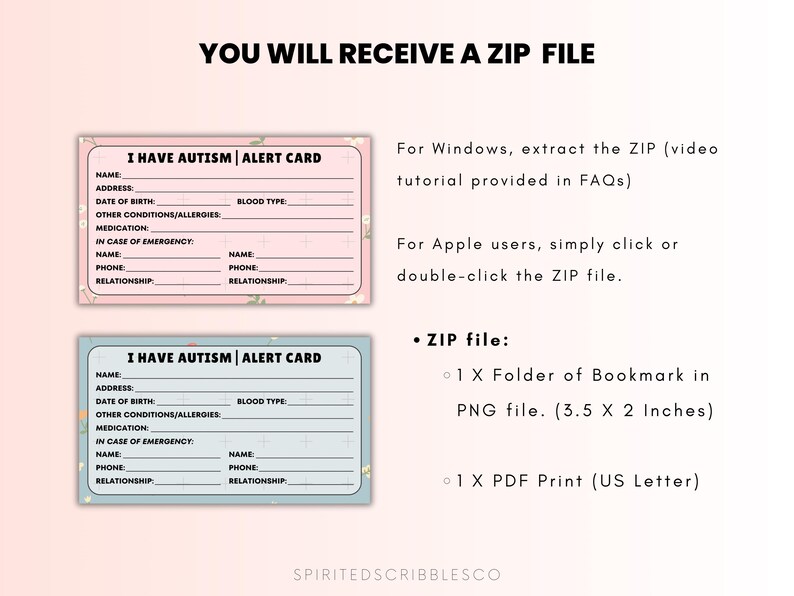 Printable Autism Alert Card Medical ID Ice Tag Emergency Safety ...