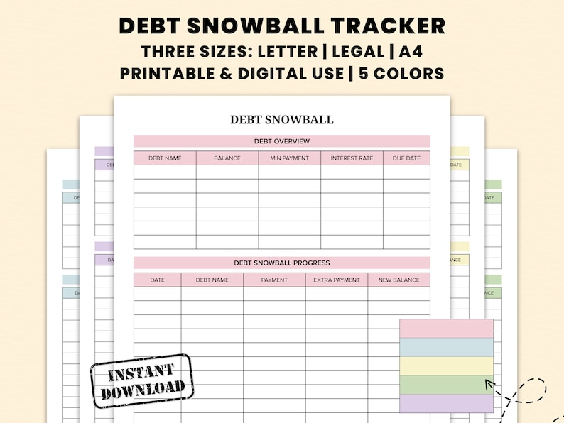 Debt Snowball Tracker Printable Snowball Debt Method Worksheet Chart Debt Payoff Planner ...