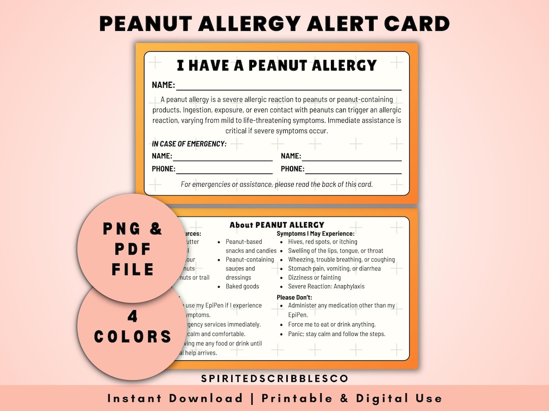 Printable Peanut Allergy Awareness Alert Card Medical Condition Tag ...