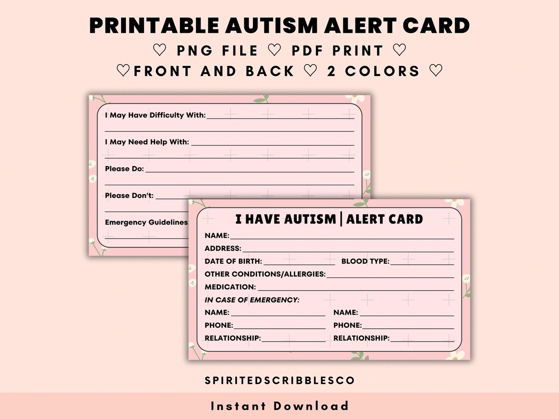 Printable Autism Alert Card Medical ID Ice Tag Emergency Safety ...