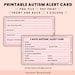 Printable Autism Alert Card Medical ID Ice Tag Emergency Safety ...
