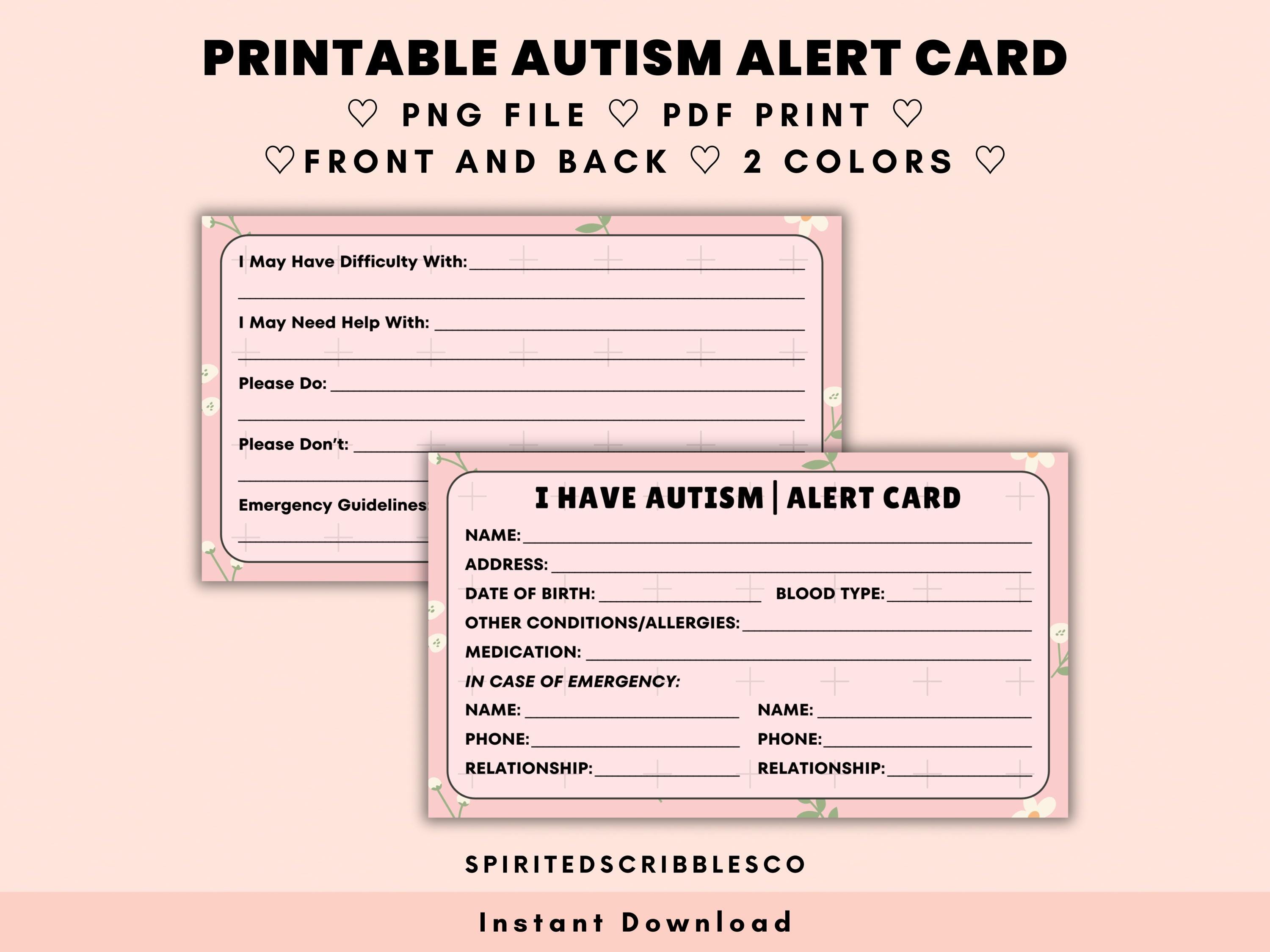 Printable Autism Alert Card Medical ID Ice Tag Emergency Safety ...