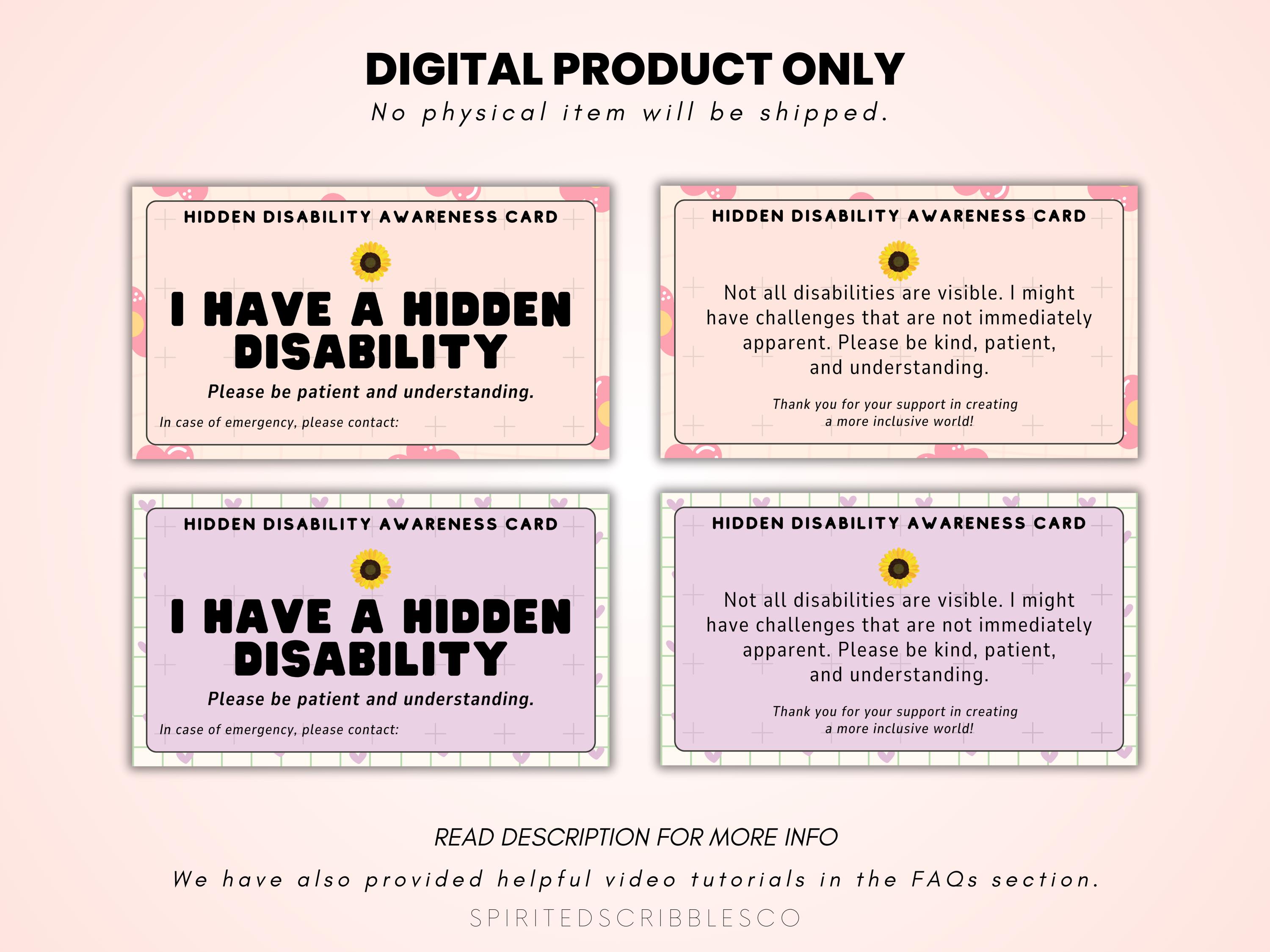 Printable Hidden Disability Awareness Cards Sunflower Medical Health ...