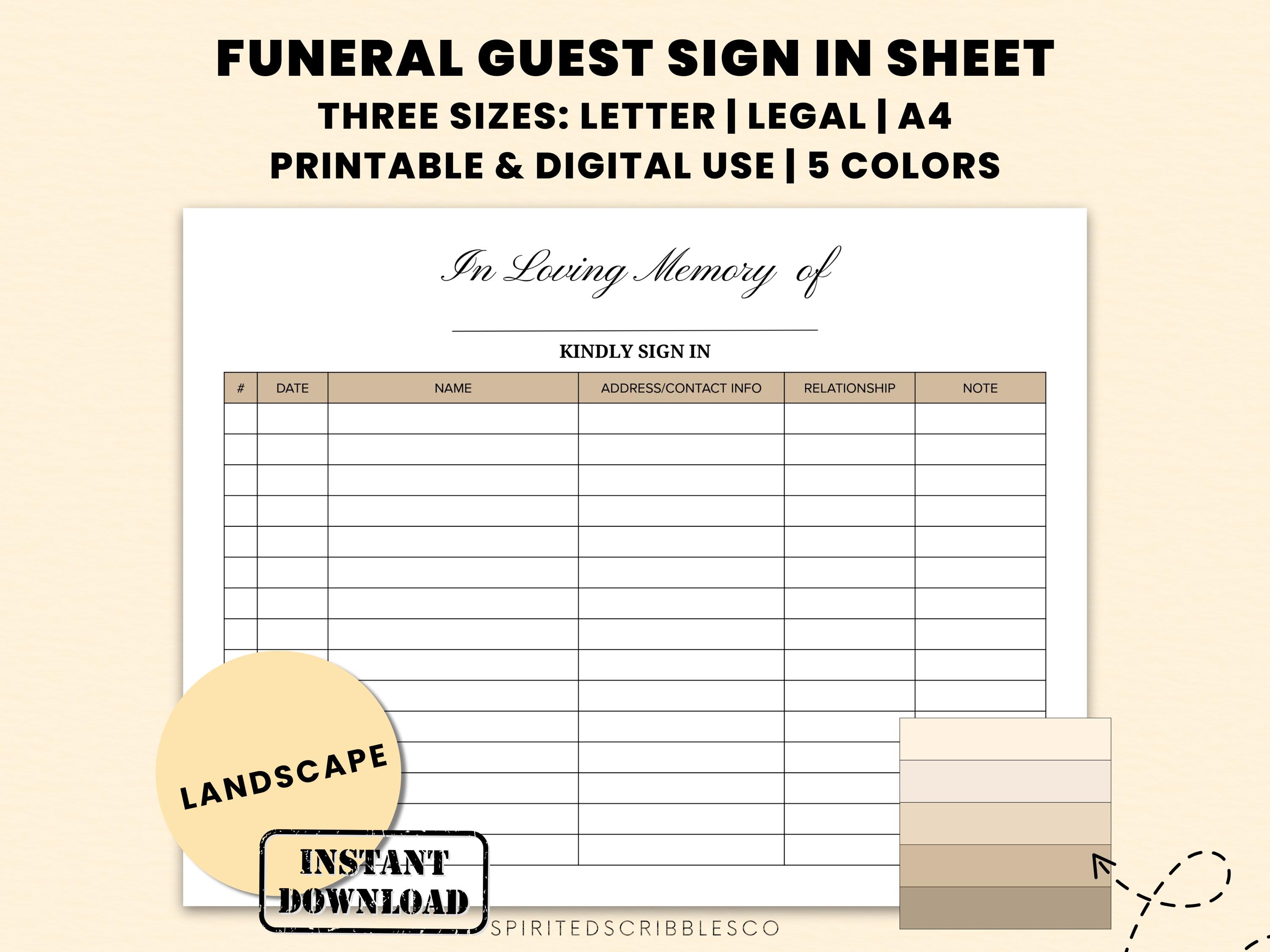 Funeral Sign in Printable Guest Book Sign-in Guest Check in Simple ...