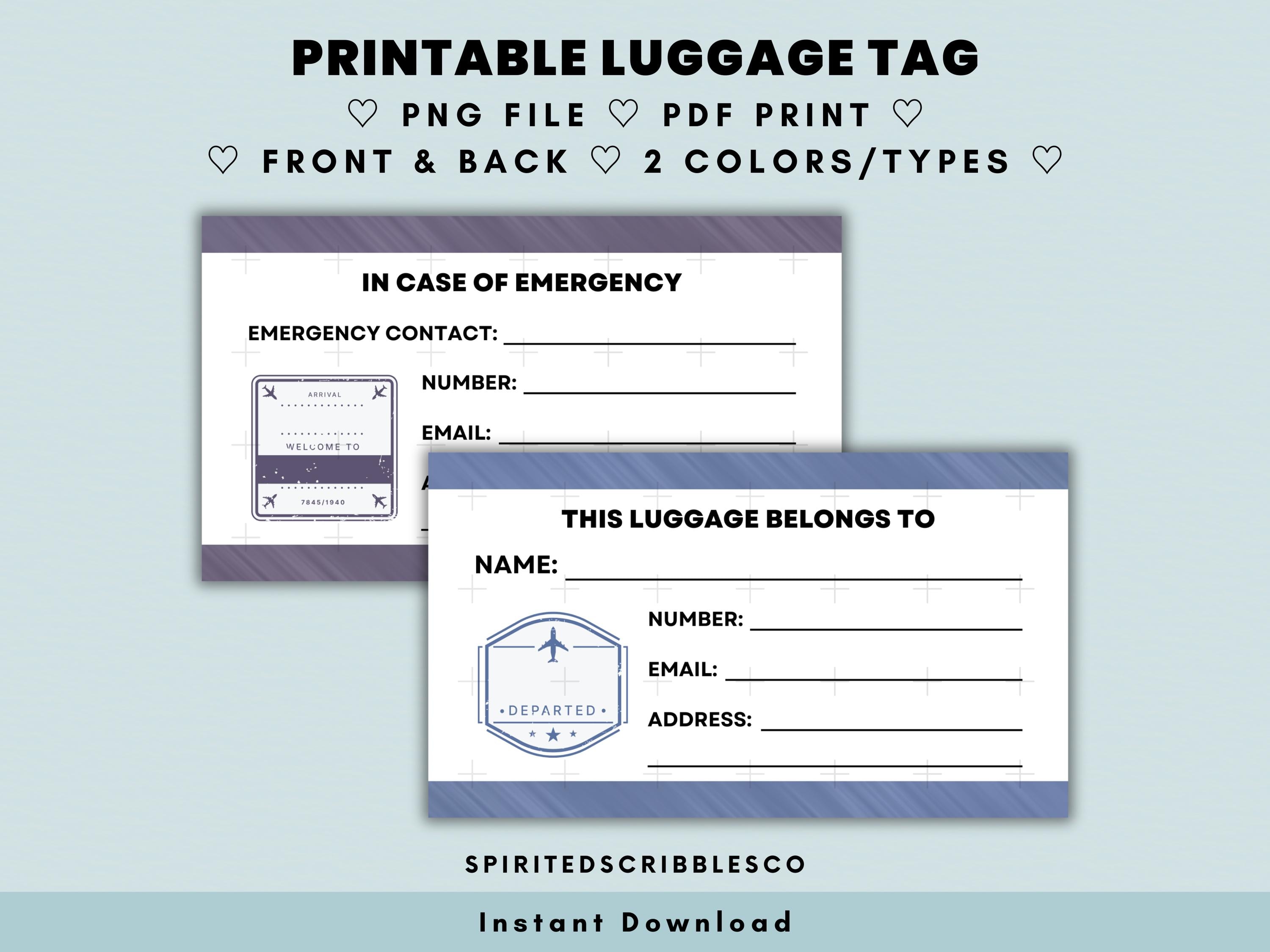 Printable Luggage Tag Insert Two-sided in Case of Emergency Travel Gear ...