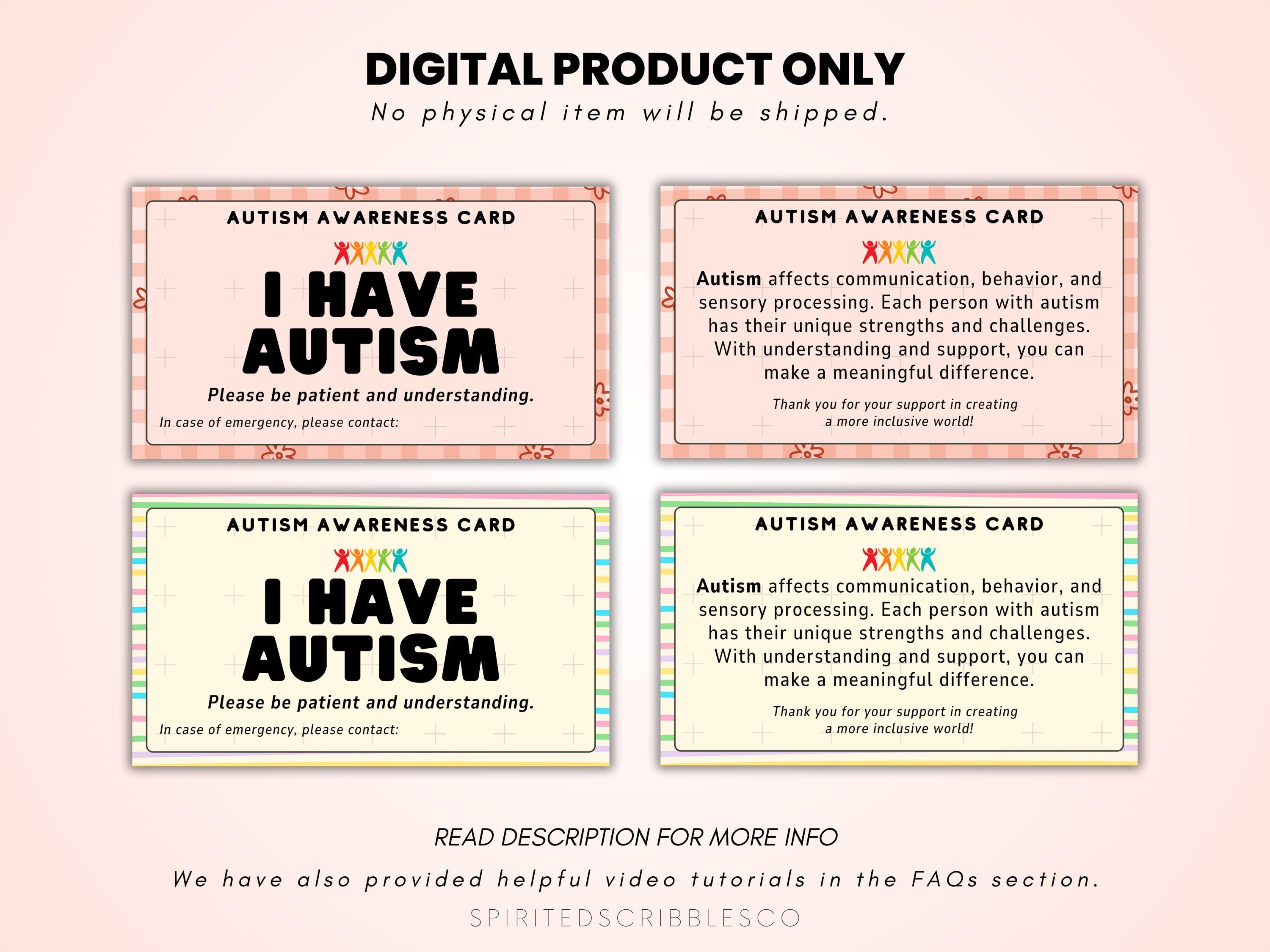 Printable Autism Awareness Card Medical Alert Name Tag in Case of ...