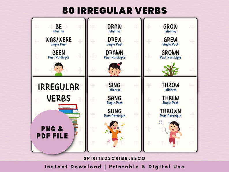 80 English Irregular Verbs Flashcards Printable Infinitive Simple Past ...