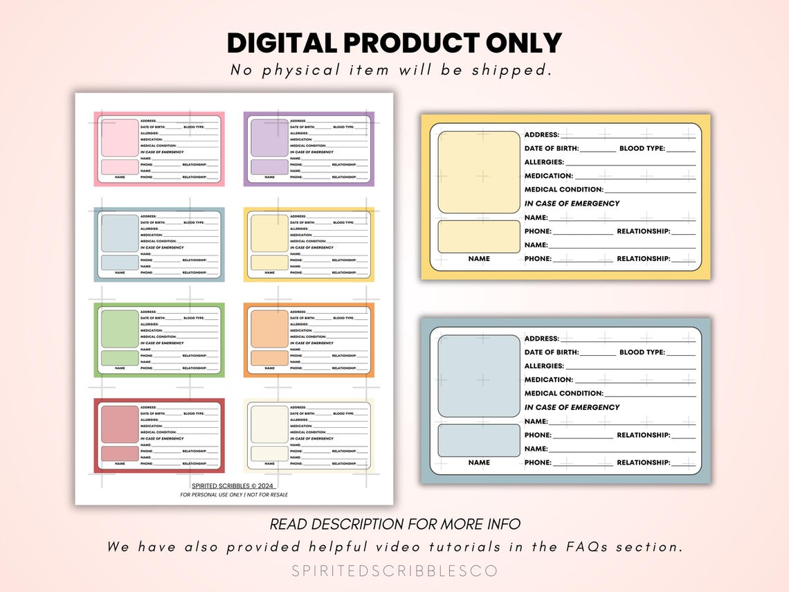 Printable Emergency ID Card Kids in Case of Emergency Tags Contacts ...
