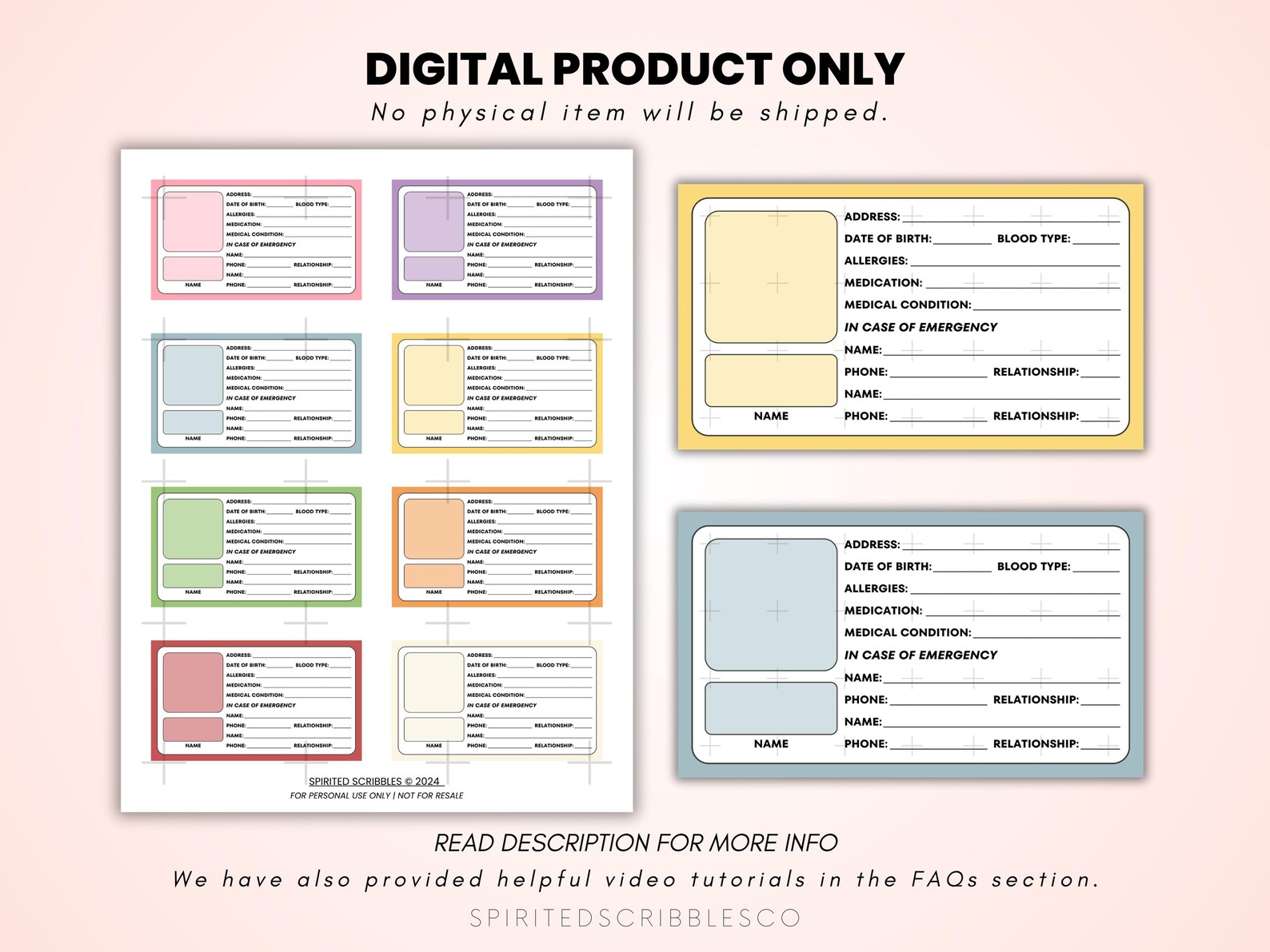 Printable Emergency ID Card Kids in Case of Emergency Tags Contacts ...