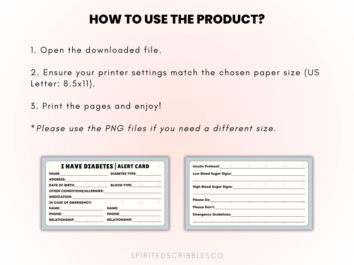 Printable Diabetes Alert Card Medical ID Ice Tag Emergency Diabetic ...