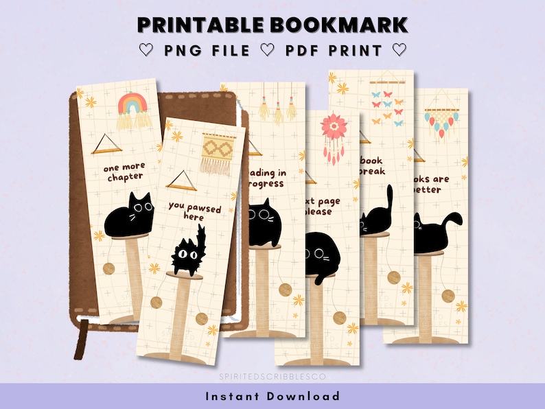 Black Cat Bookmarks Cute Pet Printable Bookmark Set, Kawaii Cat Design ...