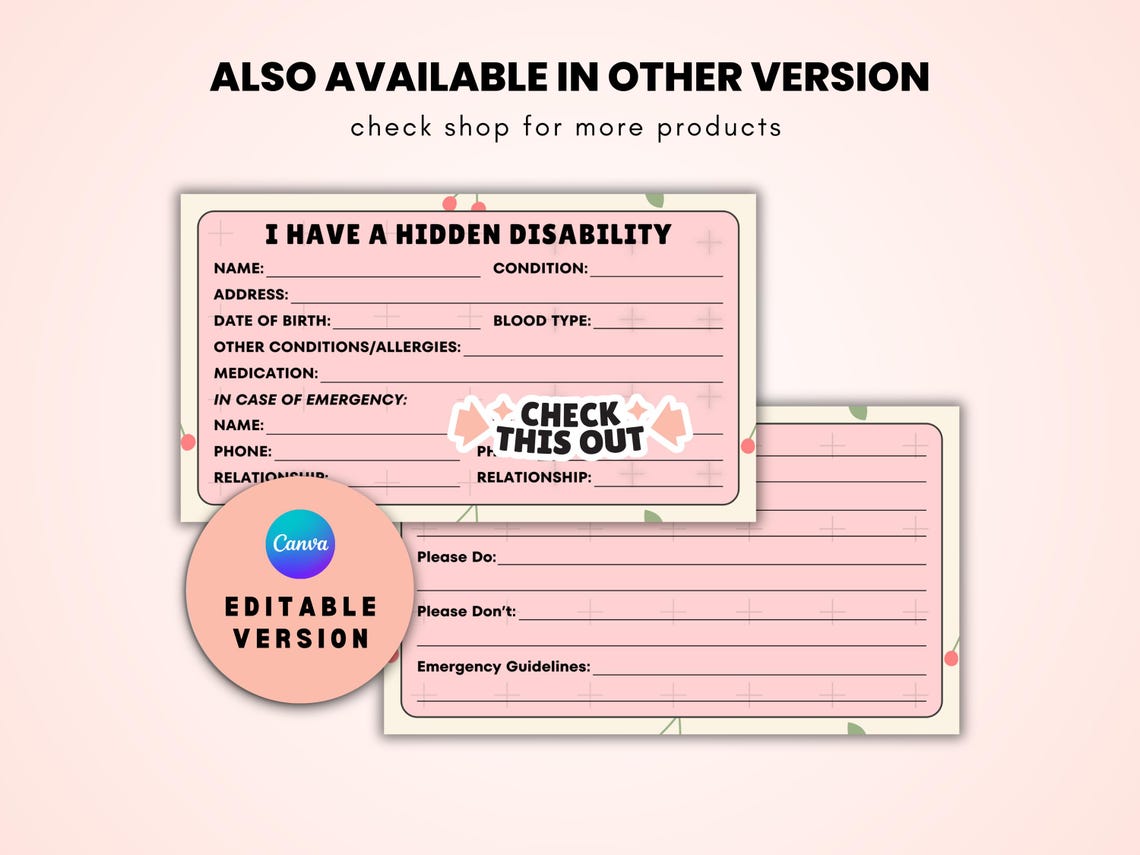 Printable Hidden Disability Card Medical Awareness Card Safety Alert ...