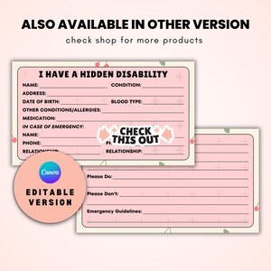 Printable Hidden Disability Card Medical Awareness Card Safety Alert ...