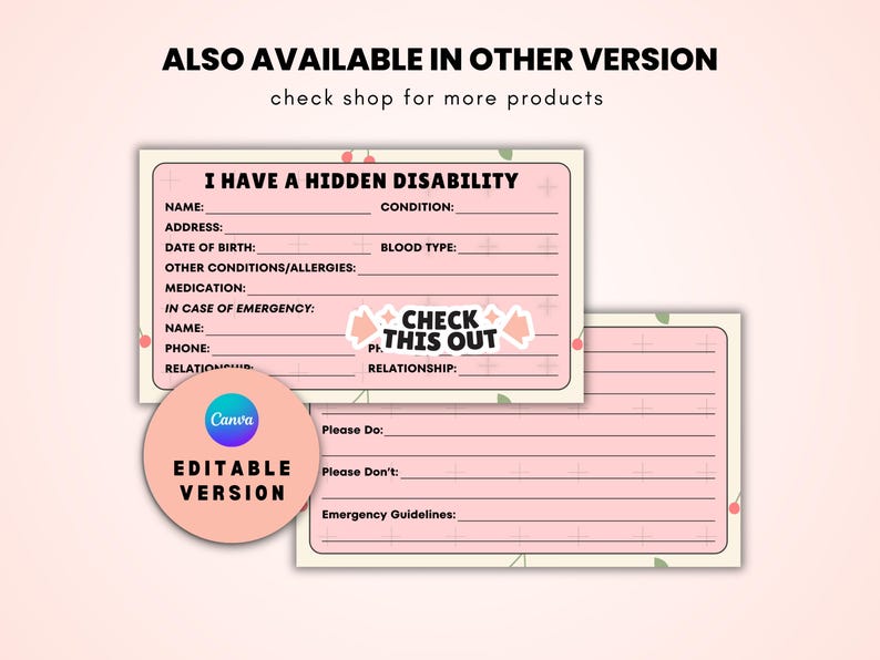 Printable Hidden Disability Card Medical Awareness Card Safety Alert ...
