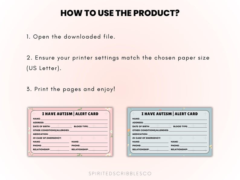 Printable Autism Alert Card Medical ID Ice Tag Emergency Safety ...