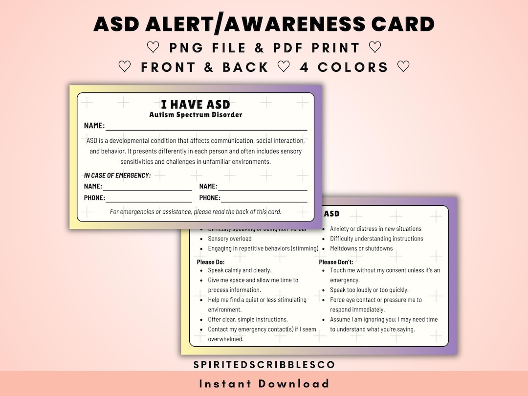 Printable ASD Card Autism Spectrum Disorder Health Safety Awareness ...