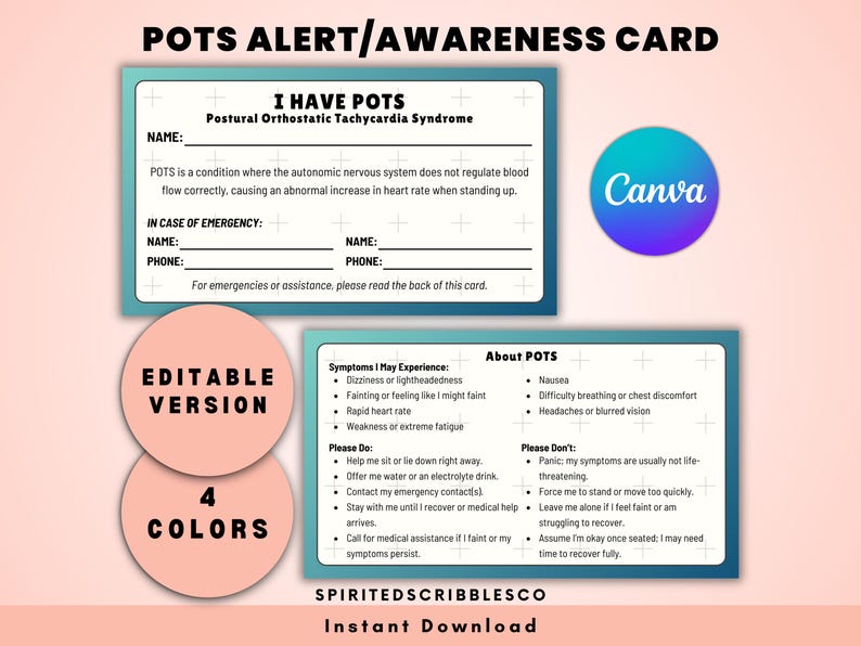 Editable POTS Card Postural Orthostatic Tachycardia Syndrome Awareness ...