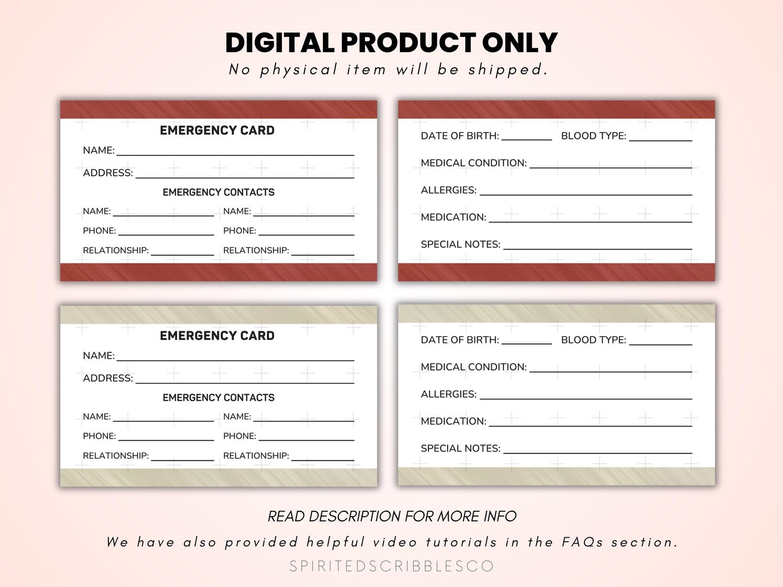 Printable Emergency Card in Case of Emergency ICE Tag Contact Card ...