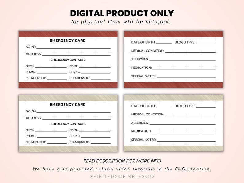 Printable Emergency Card in Case of Emergency ICE Tag Contact Card ...