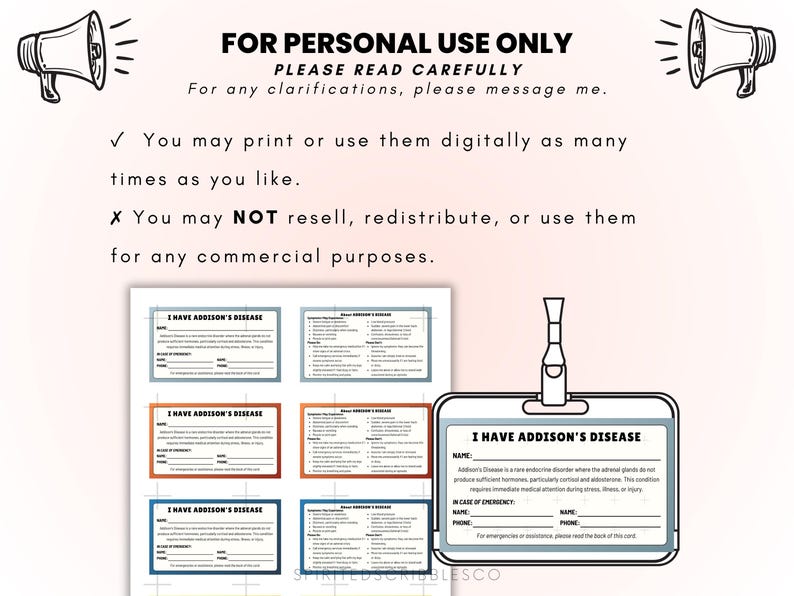 Printable Addison's Disease Awareness Card Medical ID Wallet Emergency ...