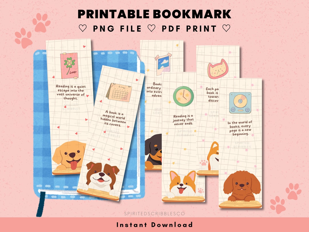 Dog Bookmark Printable Bookmark Set, Cute Pet Bookmarks Design, Kawaii ...
