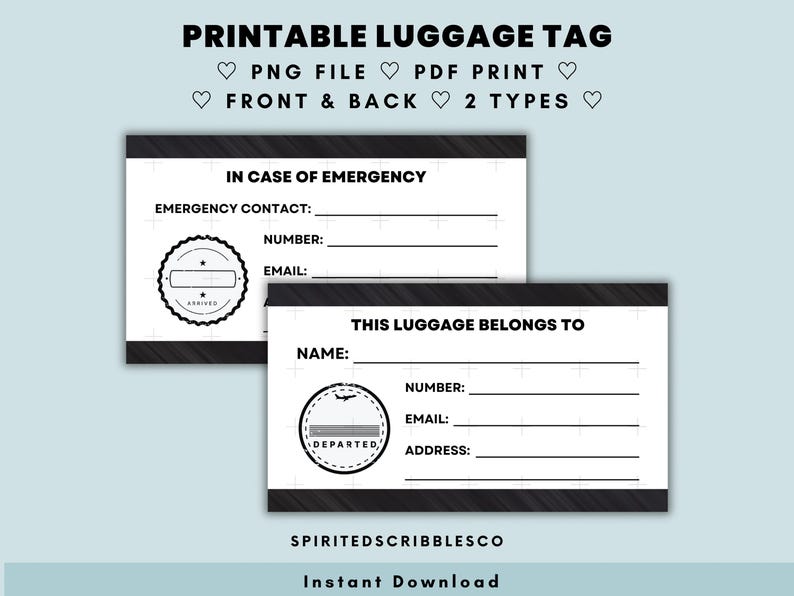 Printable Luggage Tag Insert Two-sided in Case of Emergency Travel Gear ...
