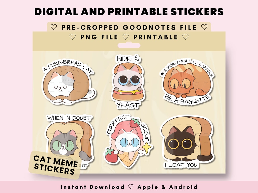 Cat Meme Stickers Digital Printable Sticker Set, Pre-cropped Goodnotes ...