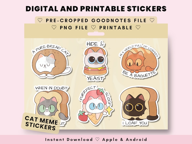 Cat Meme Stickers Digital Printable Sticker Set, Pre-cropped Goodnotes ...