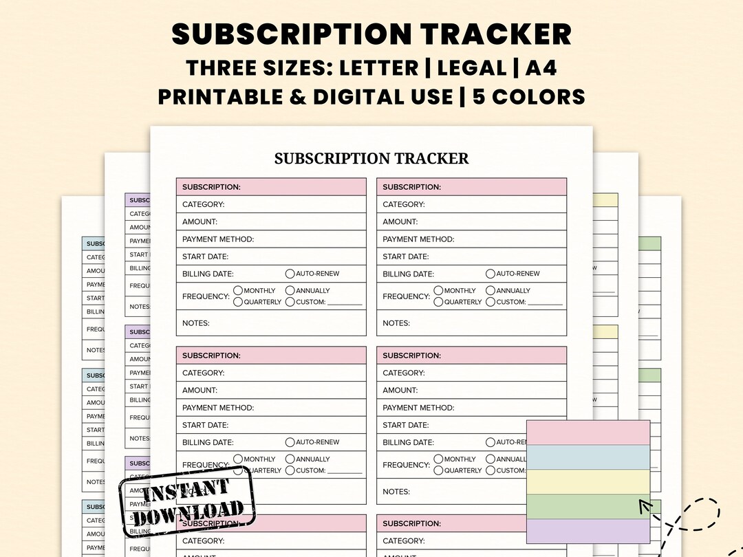 Subscription Tracker Printable Pastel Subscriptions Organizer Checklist ...