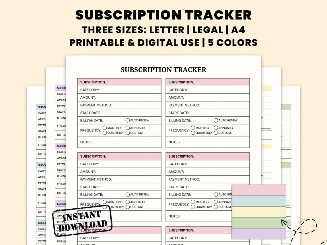Subscription Tracker Printable Pastel Subscriptions Organizer Checklist ...