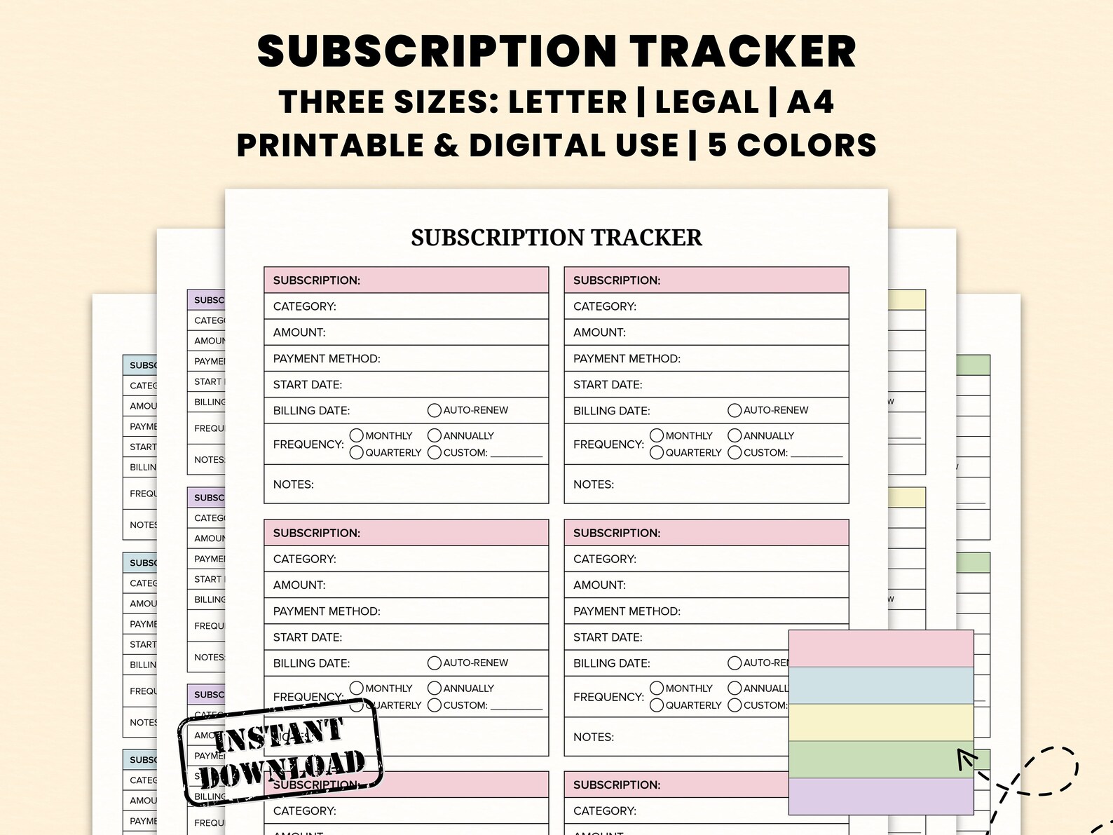 Subscription Tracker Printable Pastel Subscriptions Organizer Checklist ...