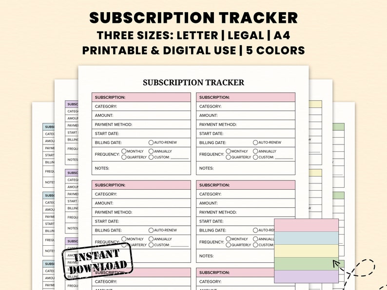 Subscription Tracker Printable Pastel Subscriptions Organizer Checklist ...