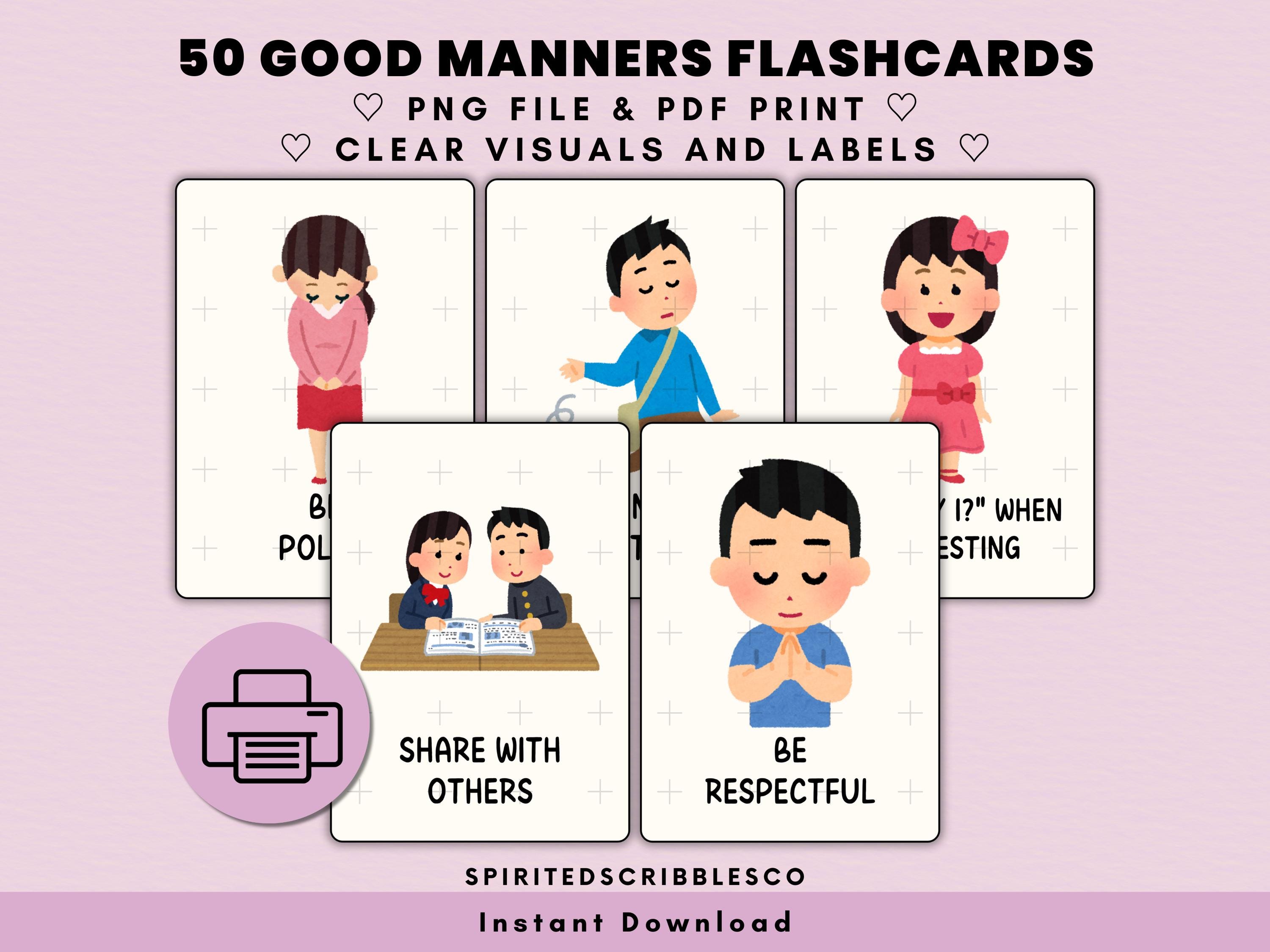 50 Good Manners Proper Etiquette Flashcards Image Behavior Greetings ...