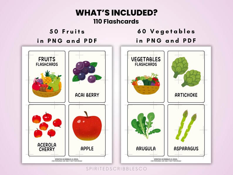 Fruits and Vegetables Flash Cards 110 Bundle Foods Illustration ...