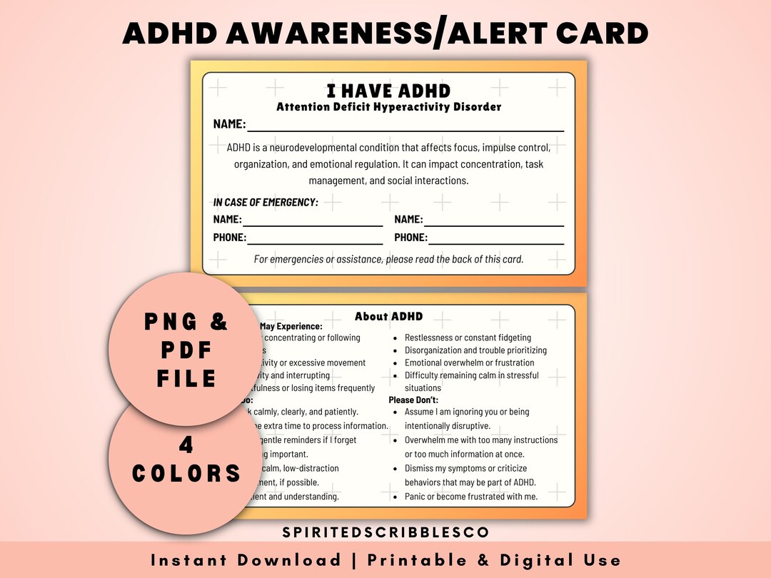 Printable ADHD Card Attention Deficit Hyperactivity Disorder Awareness ...