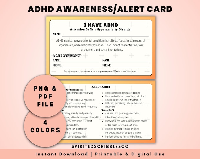 ADHD Card, ADHD Emergency Card, ADHD Medical Card, Attention Deficit ...