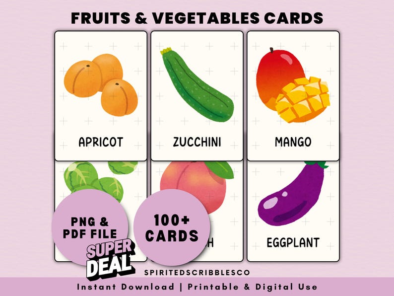 Fruits and Vegetables Flash Cards 110 Bundle Foods Illustration ...