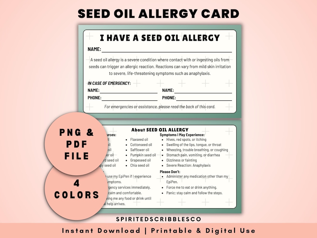Printable Seed Oil Allergy Card Allergy Awareness Tag Food Warning ...