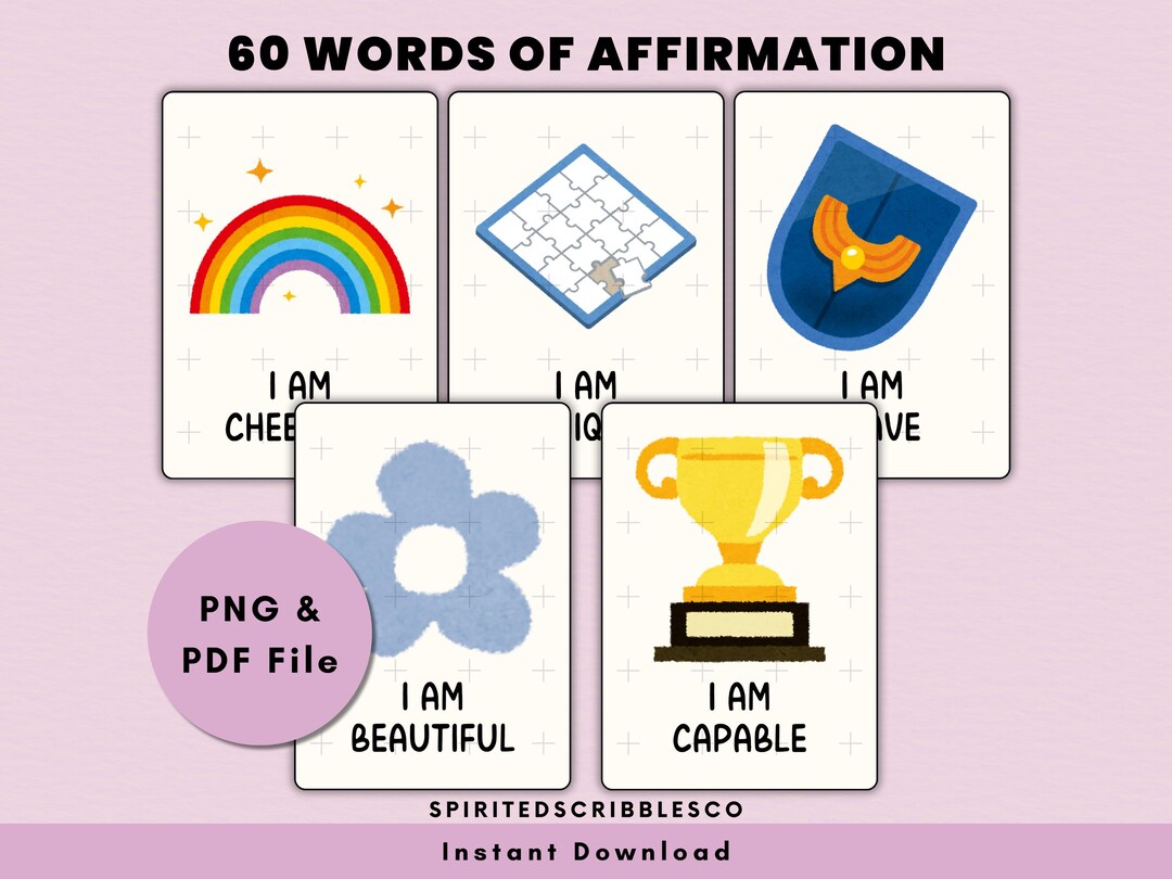 60 Words of Affirmation Flashcards Printable Kids Positive Affirmations ...