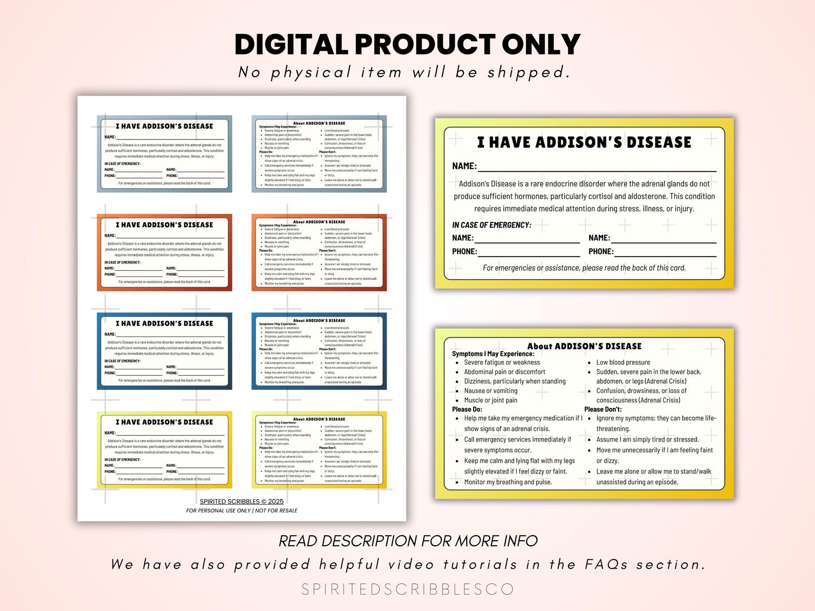 Printable Addison's Disease Awareness Card Medical ID Wallet Emergency ...