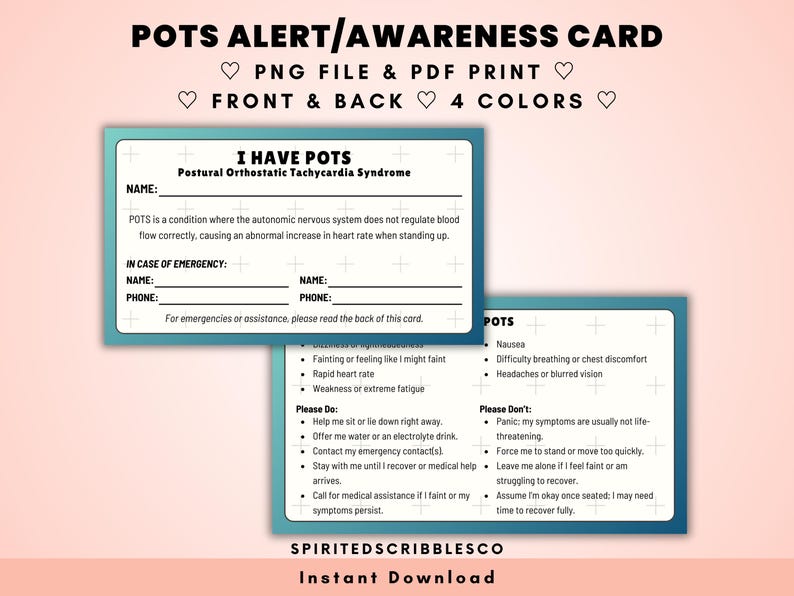 Printable POTS Card Postural Orthostatic Tachycardia Syndrome Awareness ...