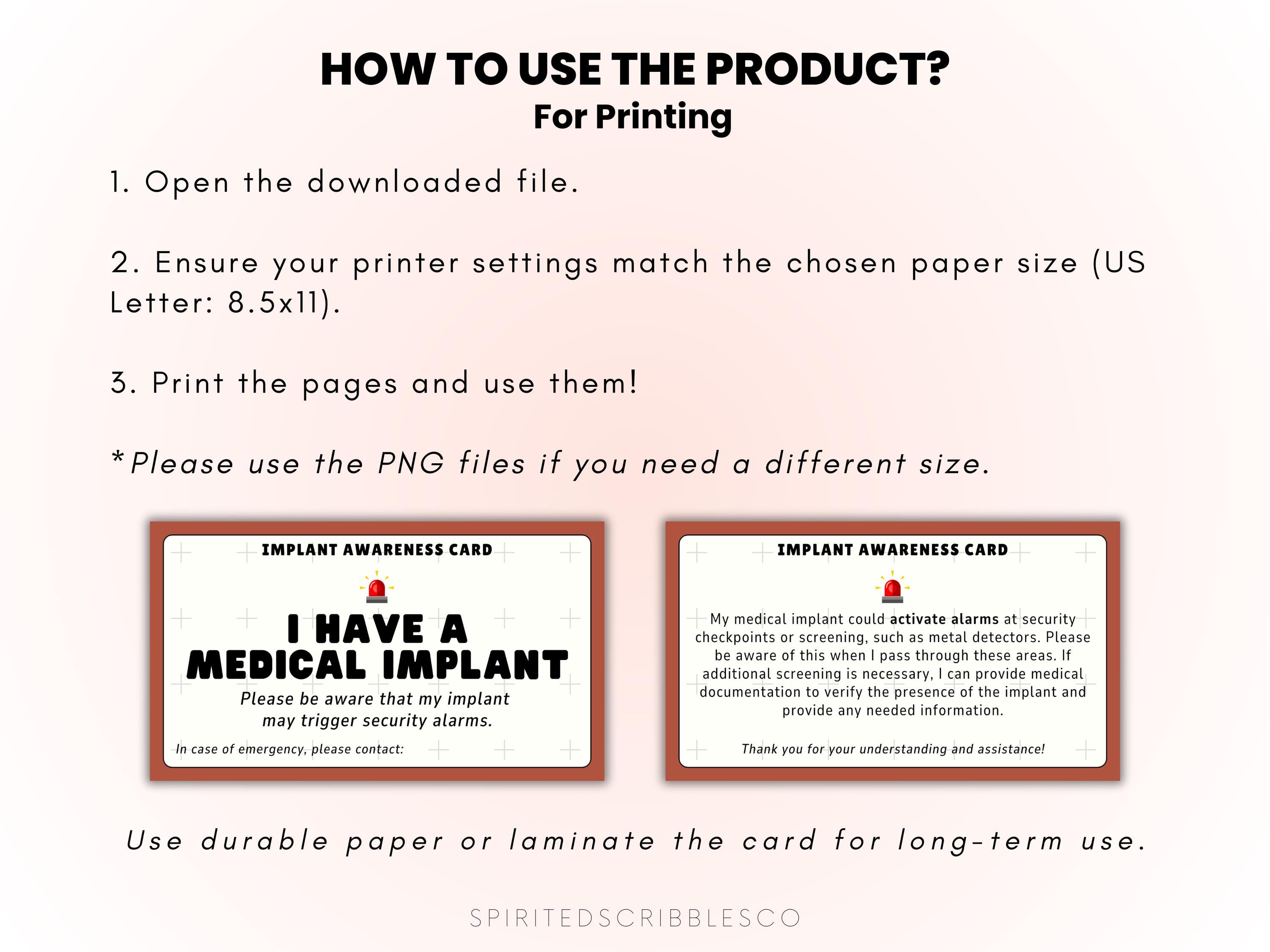 Printable Implant Card Medical Implant Awareness Alert Visual Wallet ...