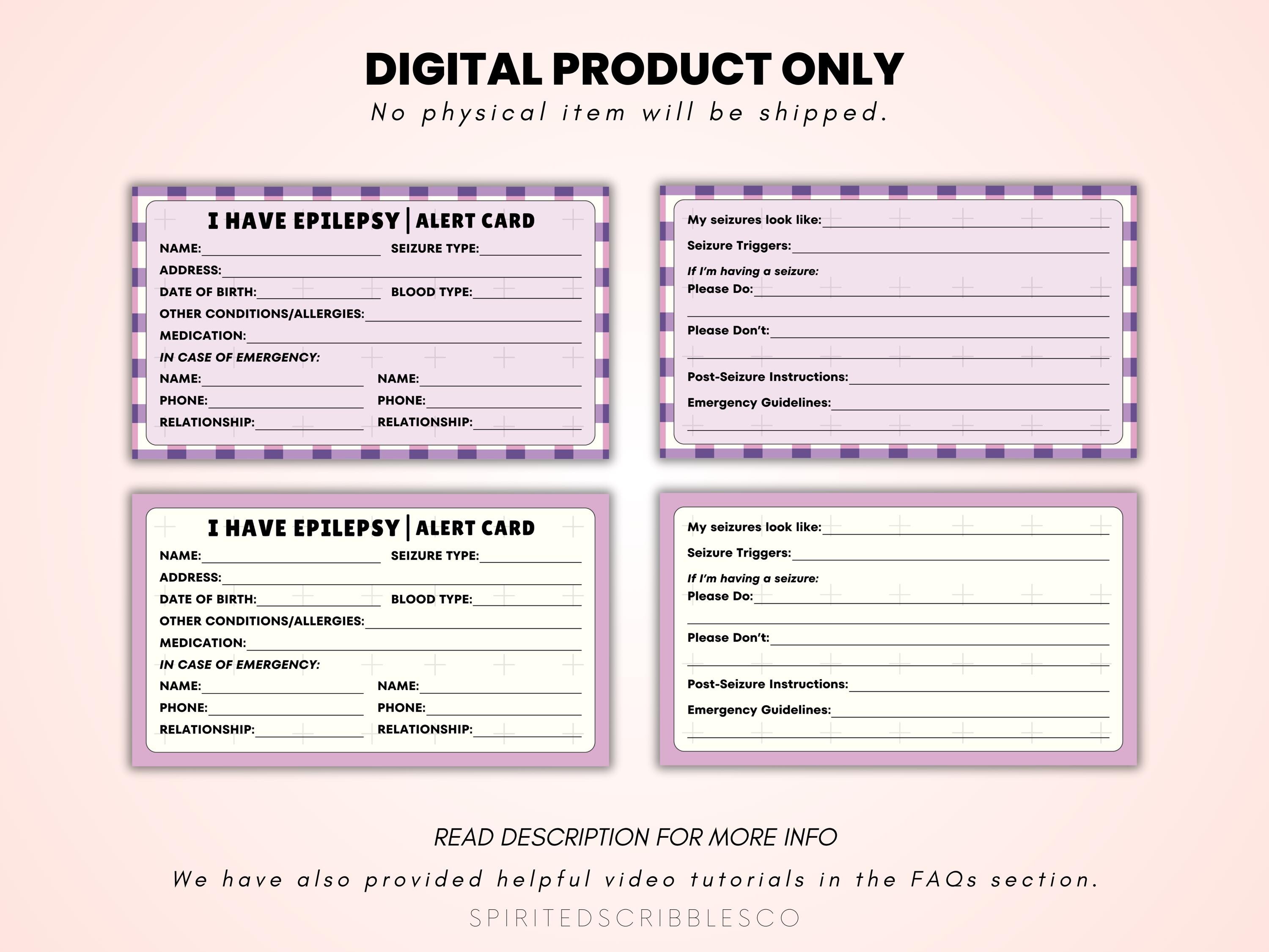 Printable Epilepsy Card Medical Alert Cards Epilepsy Seizure Awareness ...