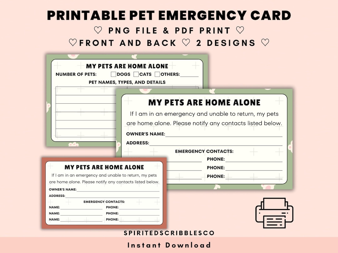 Printable Pet Emergency Contacts Card My Pets Are Home Alone ICE Tag ...