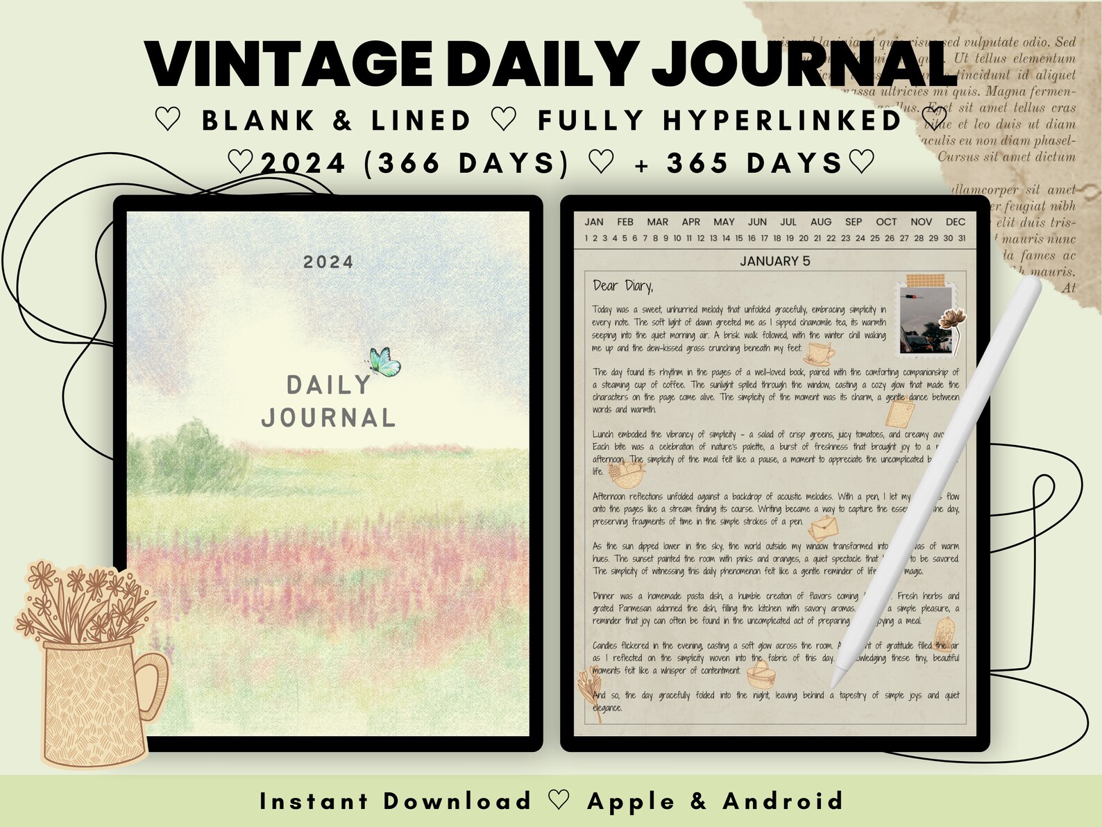 2024 Digital Vintage Daily Journal, 366 Days, 365 Days Diary, Blank ...